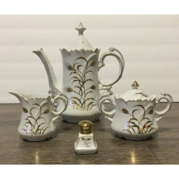 Other | Vintage Lefton Wheat Pattern White Gold Gilded Teapot Creamer ...